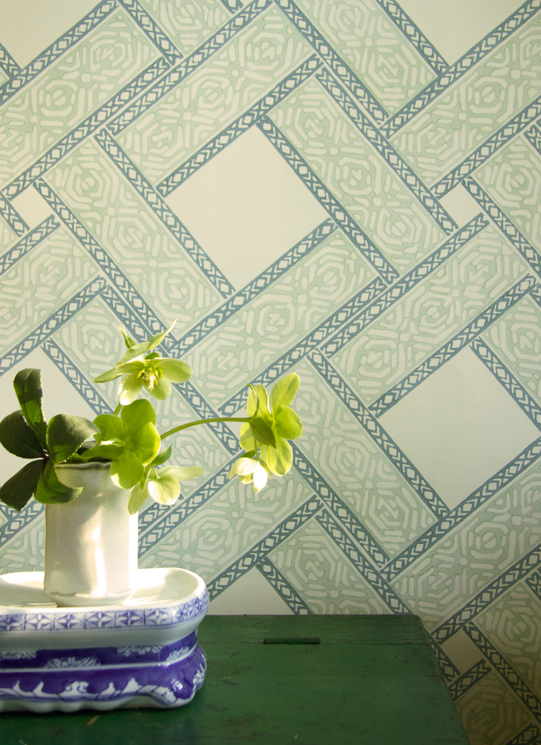 Light Baby Blue Parquet Wallpaper with Flowers - Galbraith & Paul